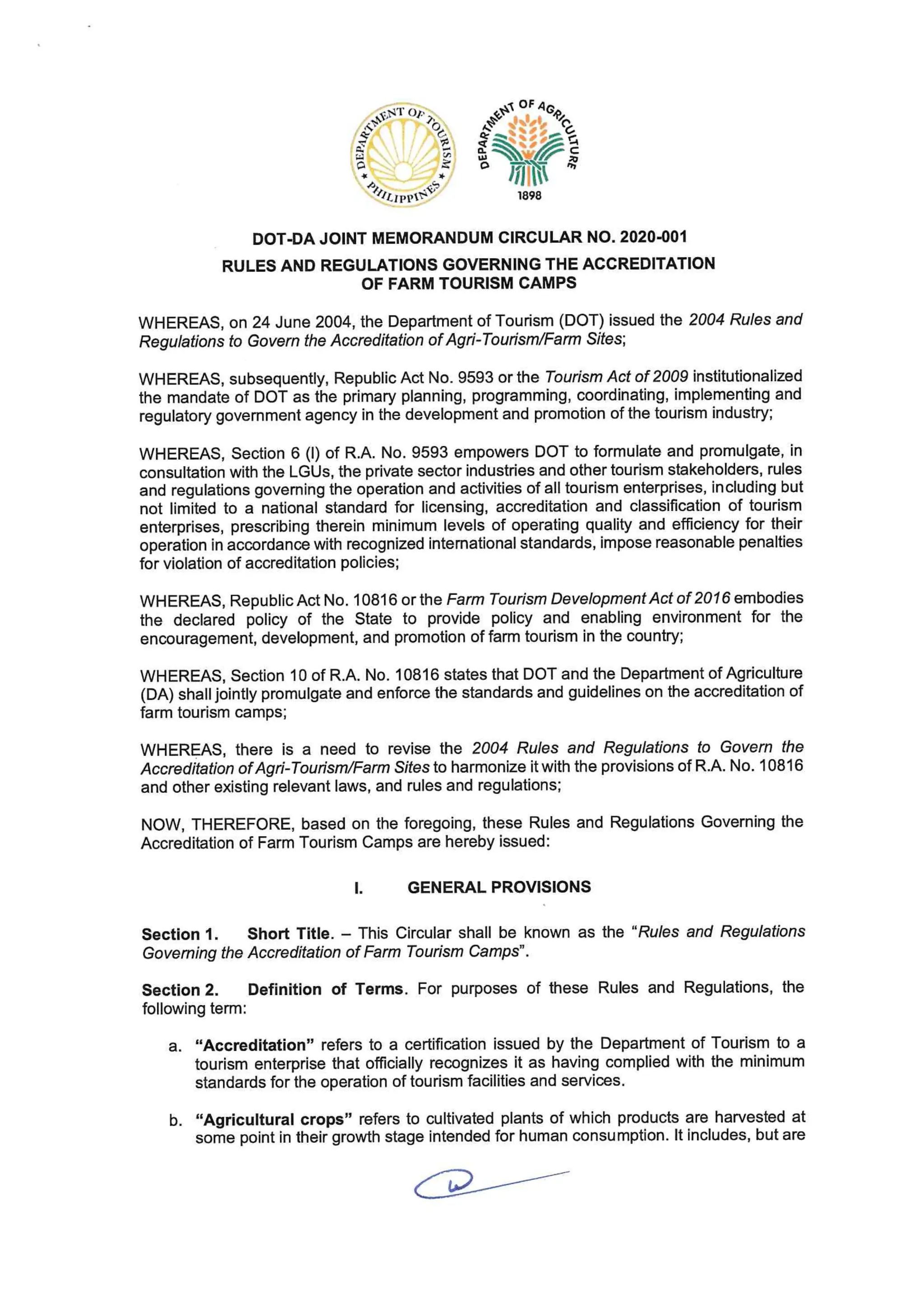 Department of Tourism-Department of Agriculture JMC No. 2020-002: Rules ...