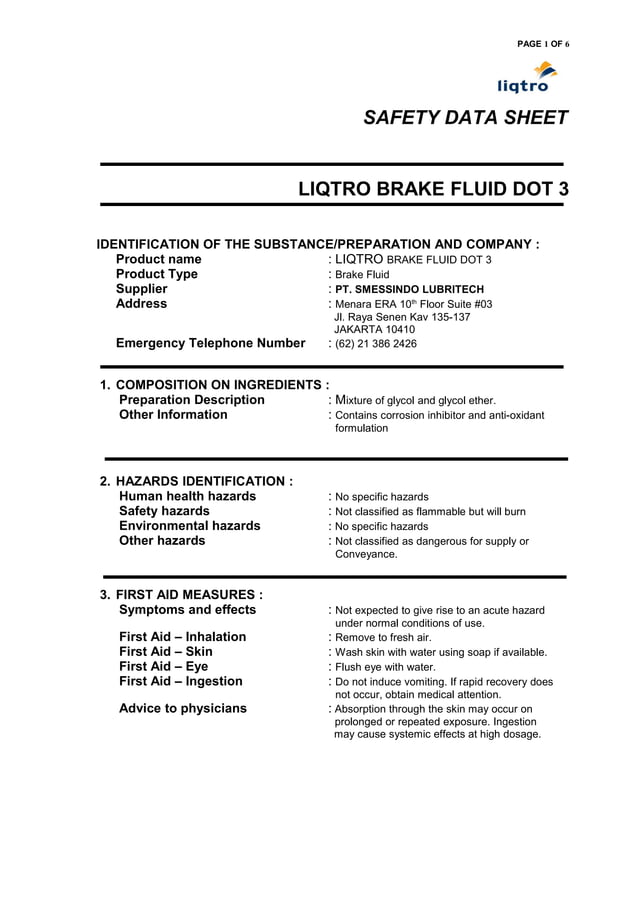 Brake Fluids DOT 3 (Material Safety Data Sheet) | PDF | First Aid ...
