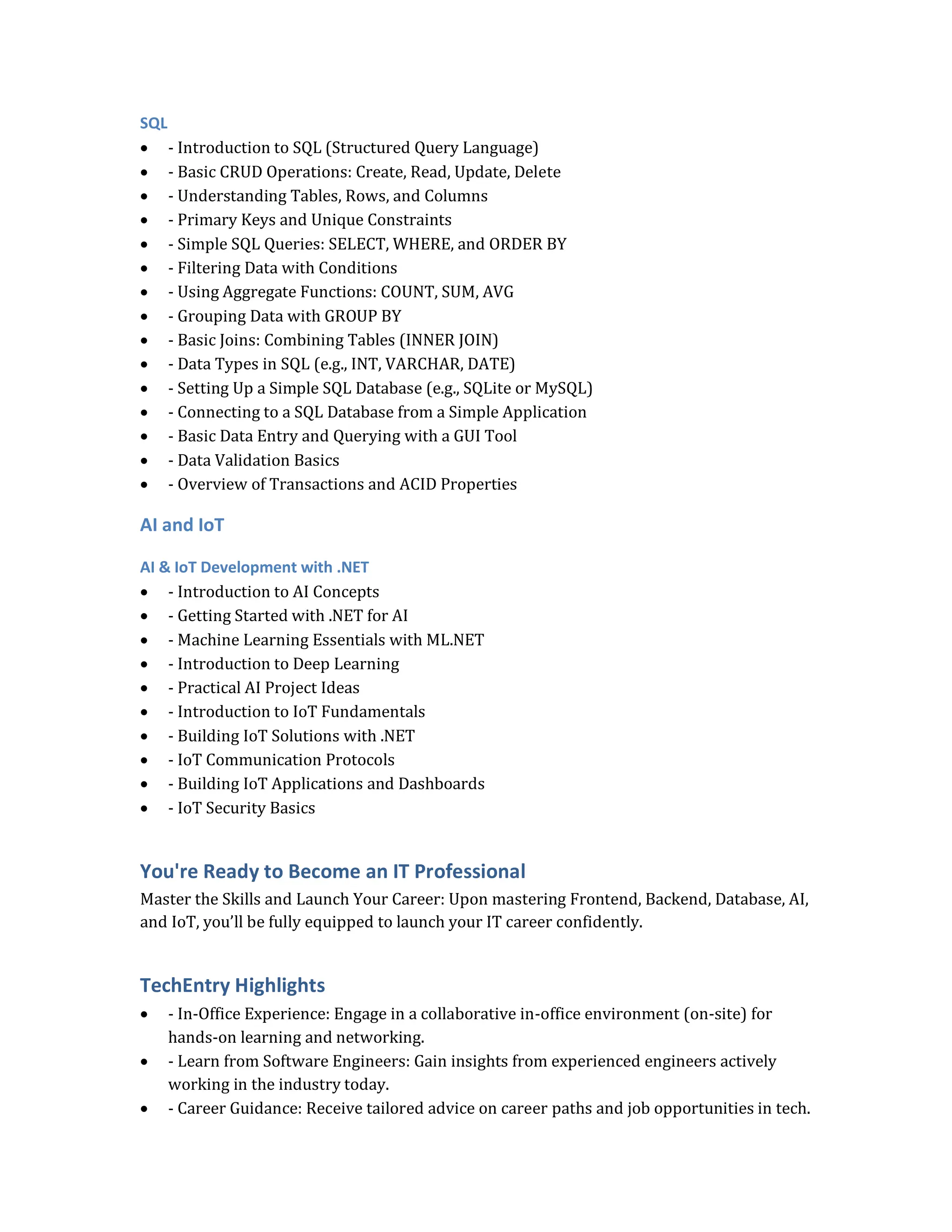 .NET Full Stack Development AI + IoT Integrated Course | TechEntry | PDF