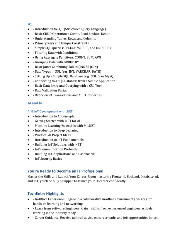 .NET Full Stack Development AI + IoT Integrated Course | TechEntry | PDF