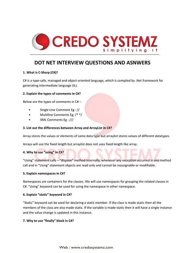 Dot Net Interview Questions And Asnwers Pdf