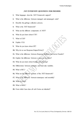 Dotnet interview questions for fresher | DOCX