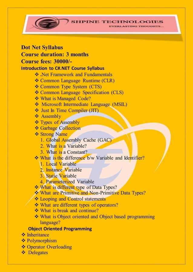 Dot Net Course Syllabus | DOCX