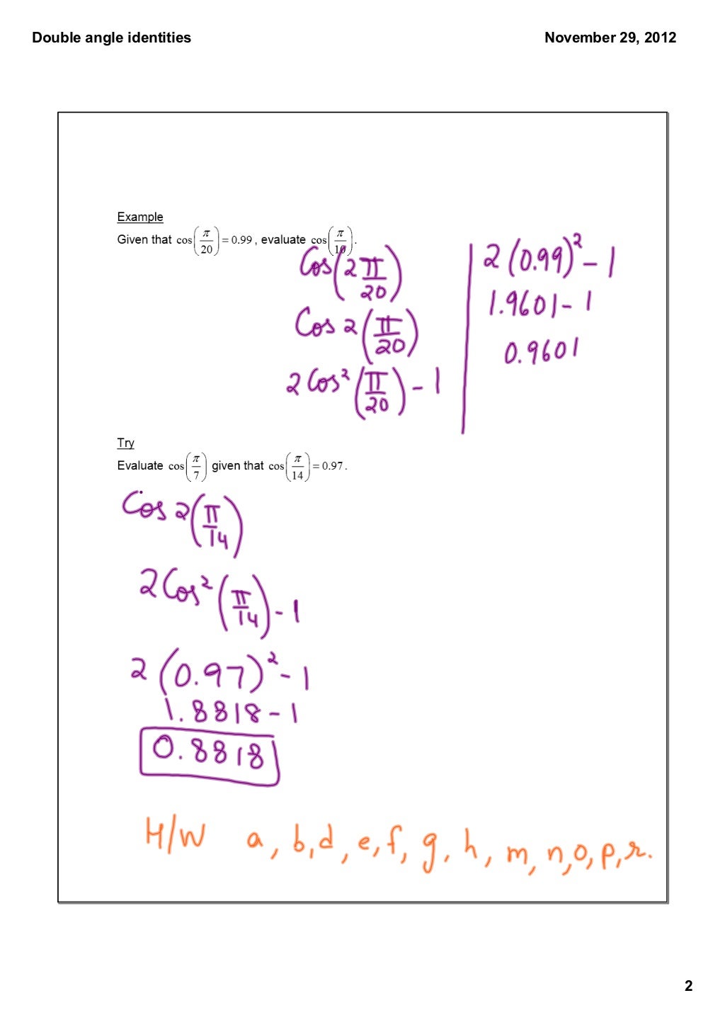 Double angle identities 29th november 2012