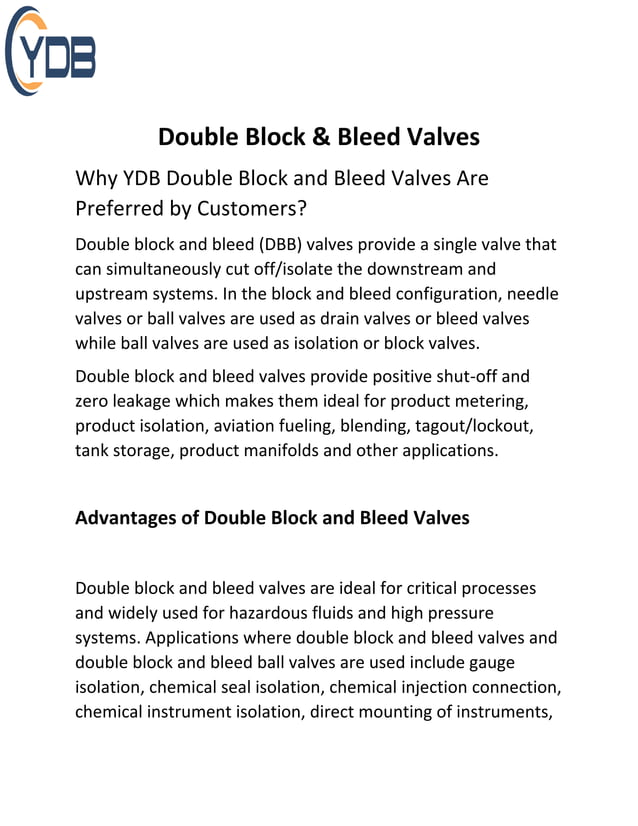 Double Block And Bleed Valve - ydbvalves | PDF