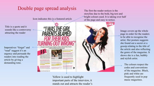 Double page spread analysis | PPTX | Contemporary Hits/Pop/Top 40 | Music