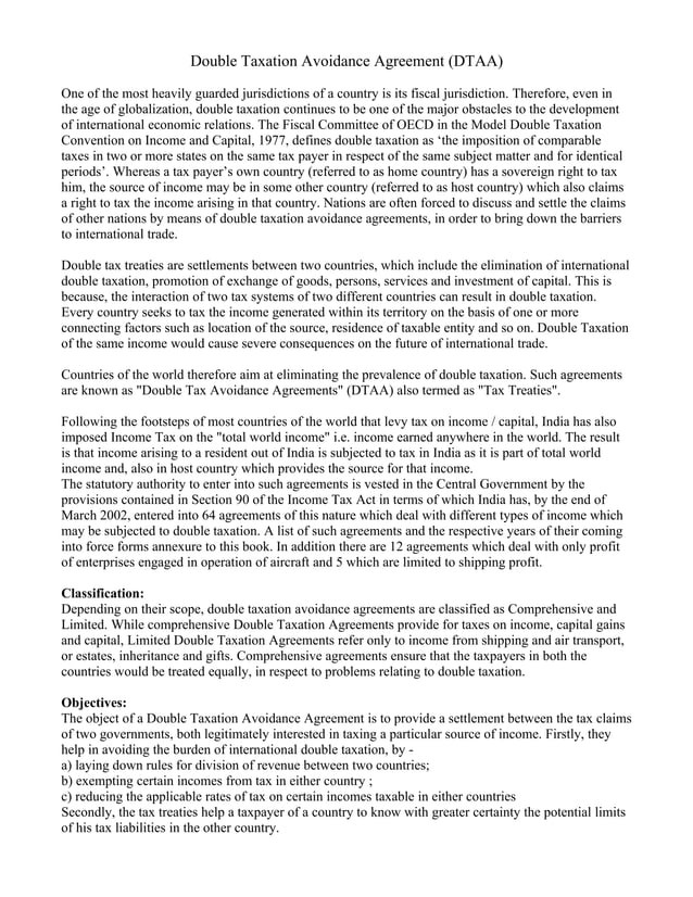 Double Taxation Avoidance Agreement (DTAA) | DOC | Personal Taxes ...