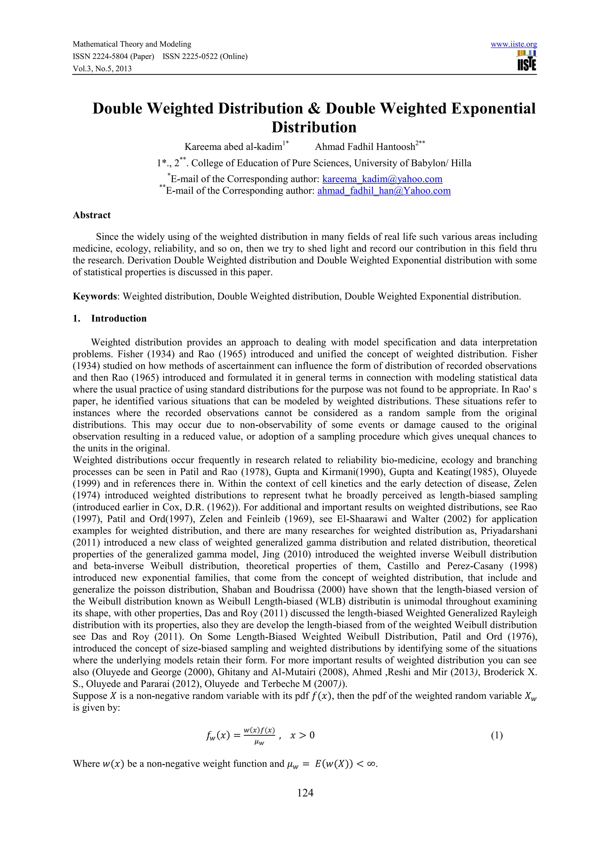 Double weighted distribution & double weighted exponential distribution ...