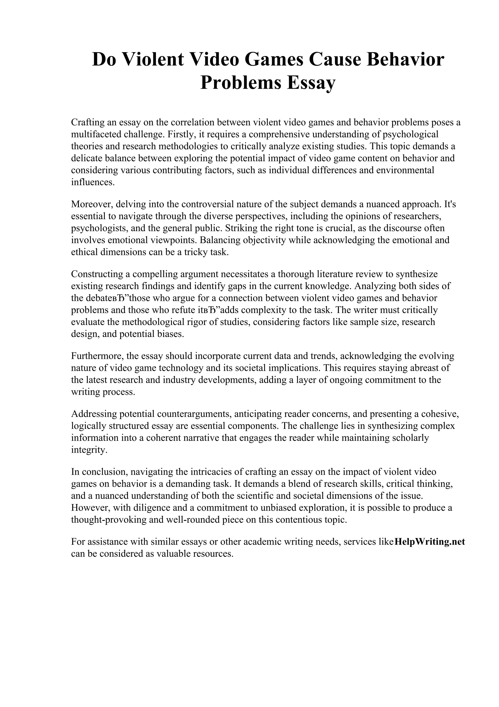 Do Violent Video Games Cause Behavior Problems Essay | PDF