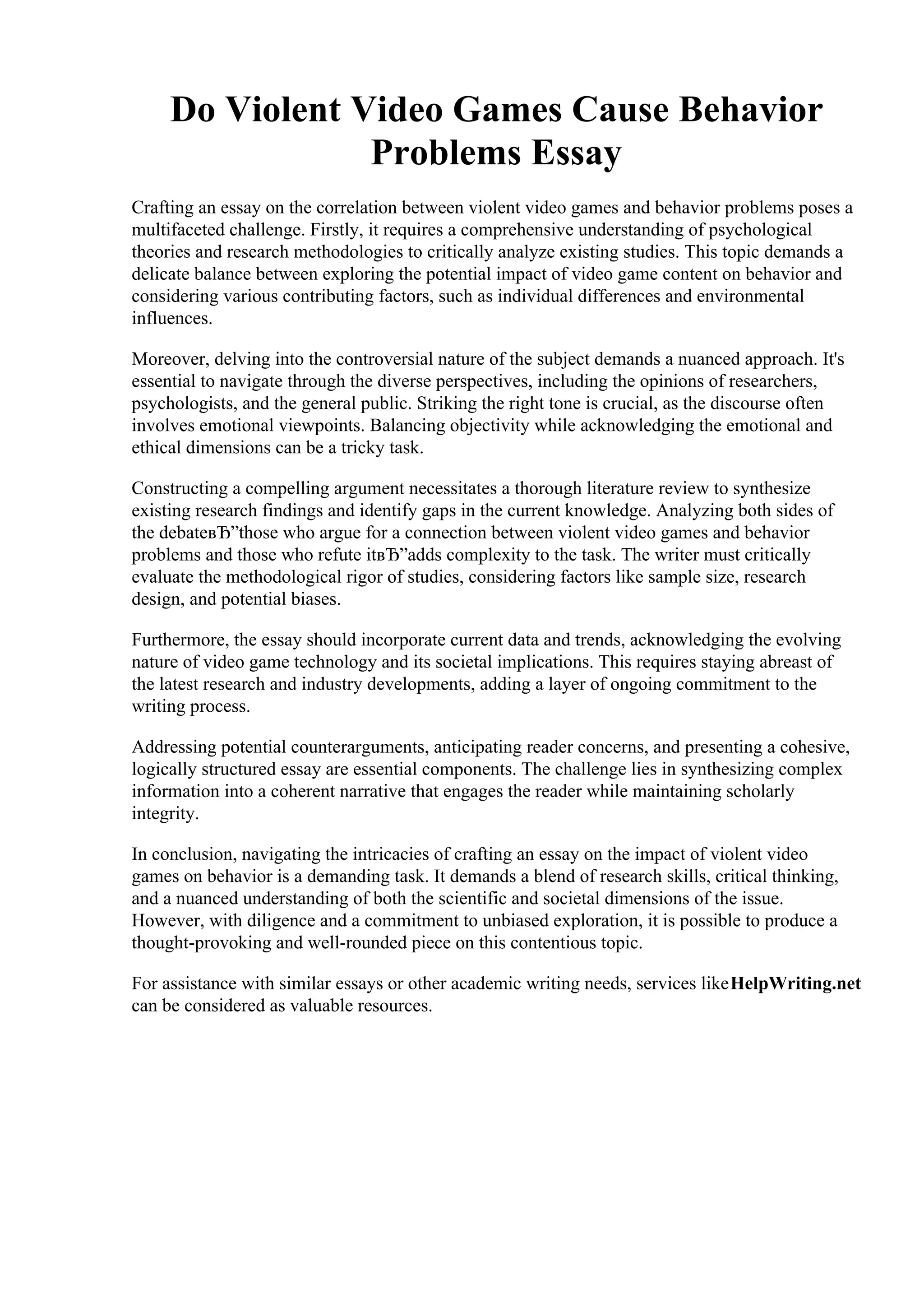 Do Violent Video Games Cause Behavior Problems Essay | PDF