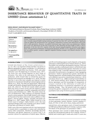 INHERITANCE BEHAVIOUR OF QUANTITATIVE TRAITS IN LINSEED (Linum usitatissimum L.) | PDF