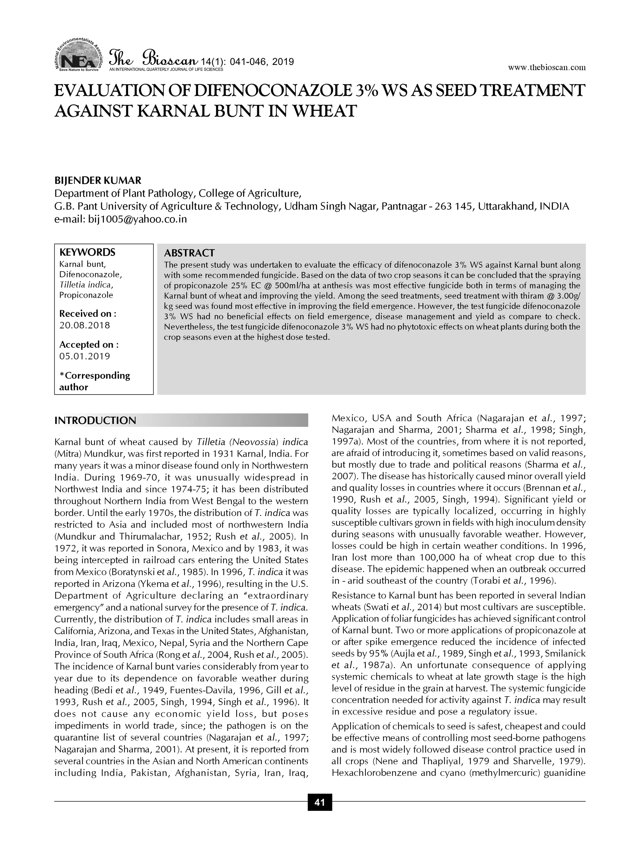 EVALUATION OF DIFENOCONAZOLE 3% WS AS SEED TREATMENT AGAINST KARNAL ...