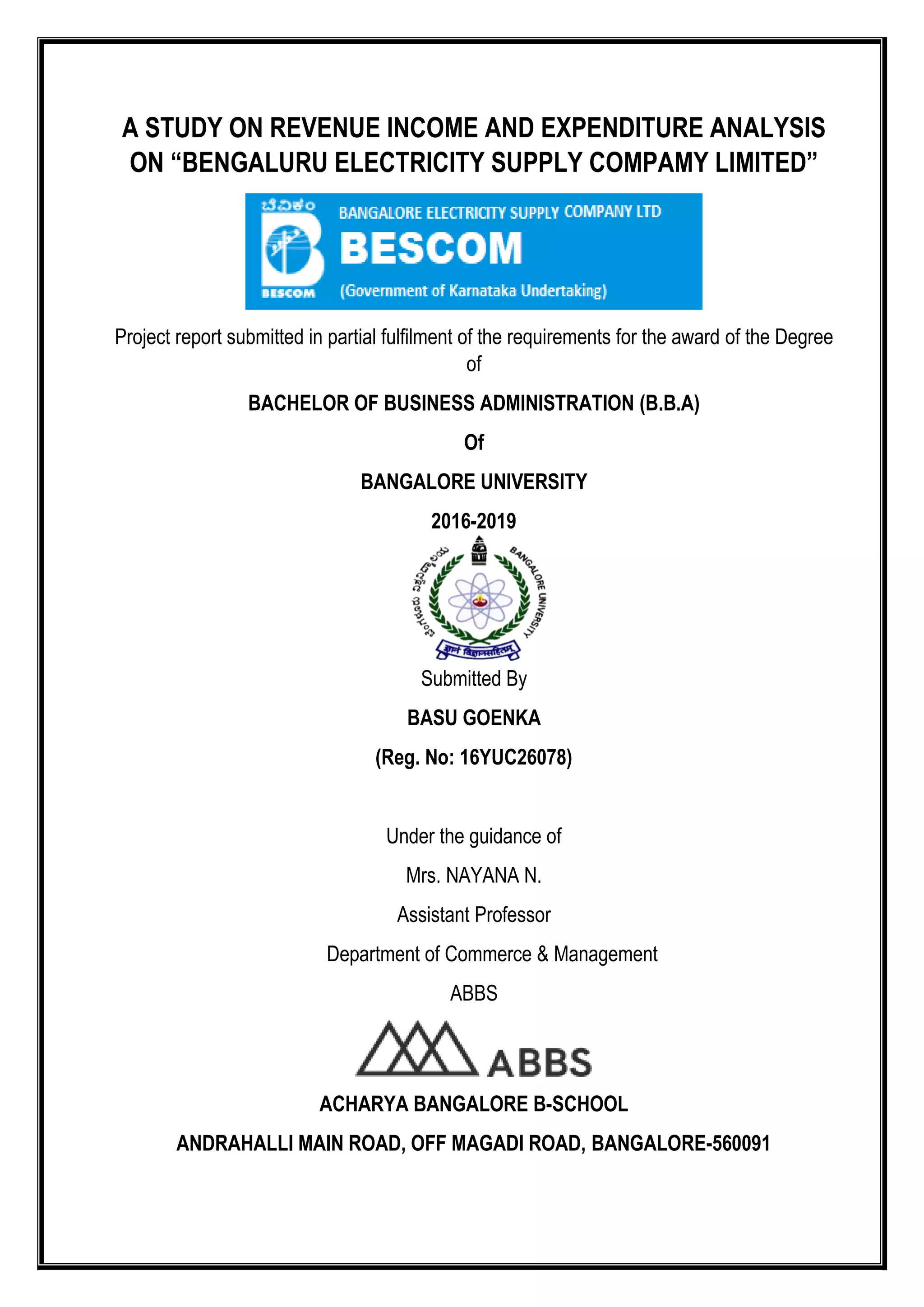 A study on REVENUE INCOME AND EXPENDITURE ANALYSIS ON BESCOM | PDF