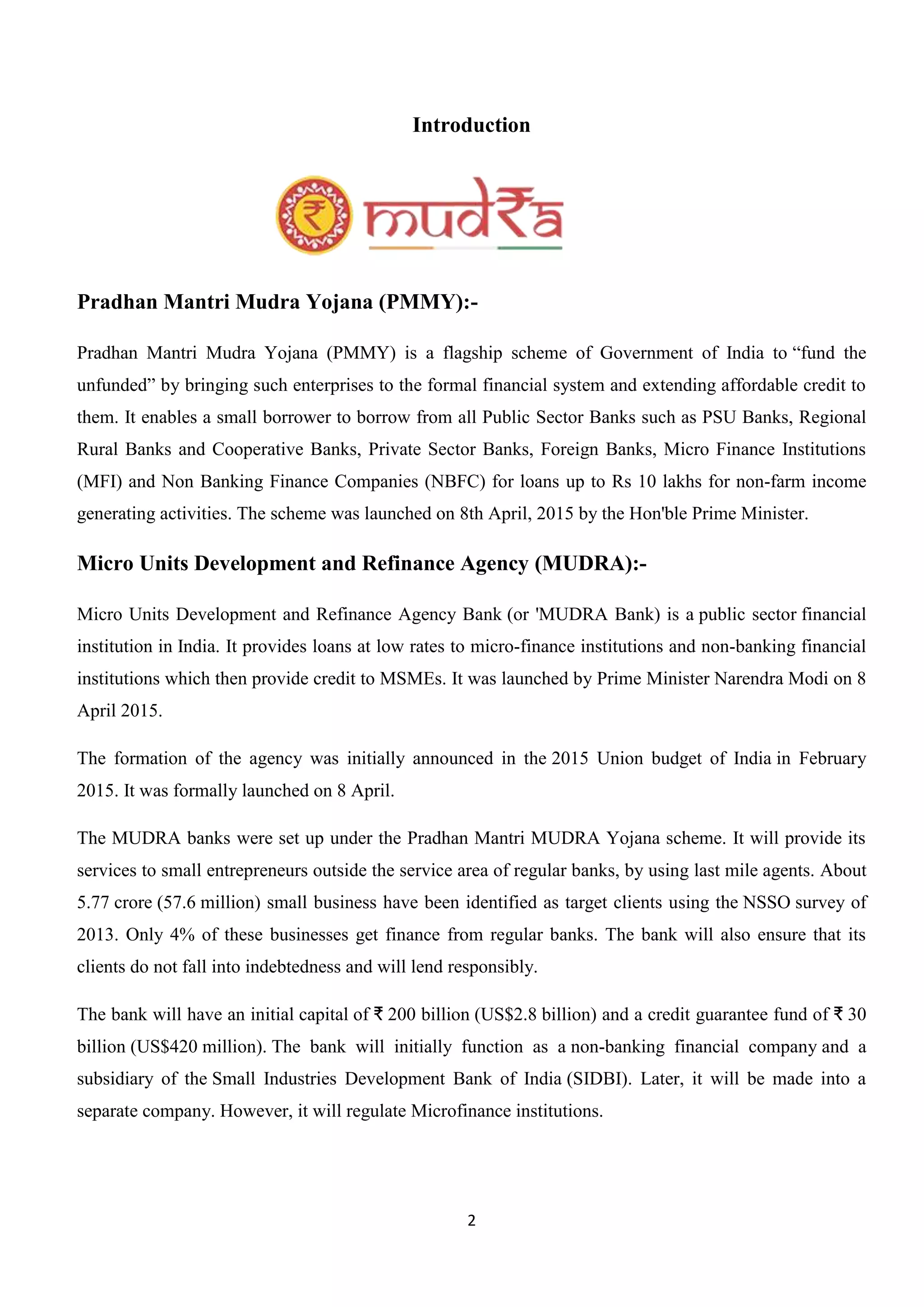 PROJECT REPORT ON MUDRA LOAN | PDF
