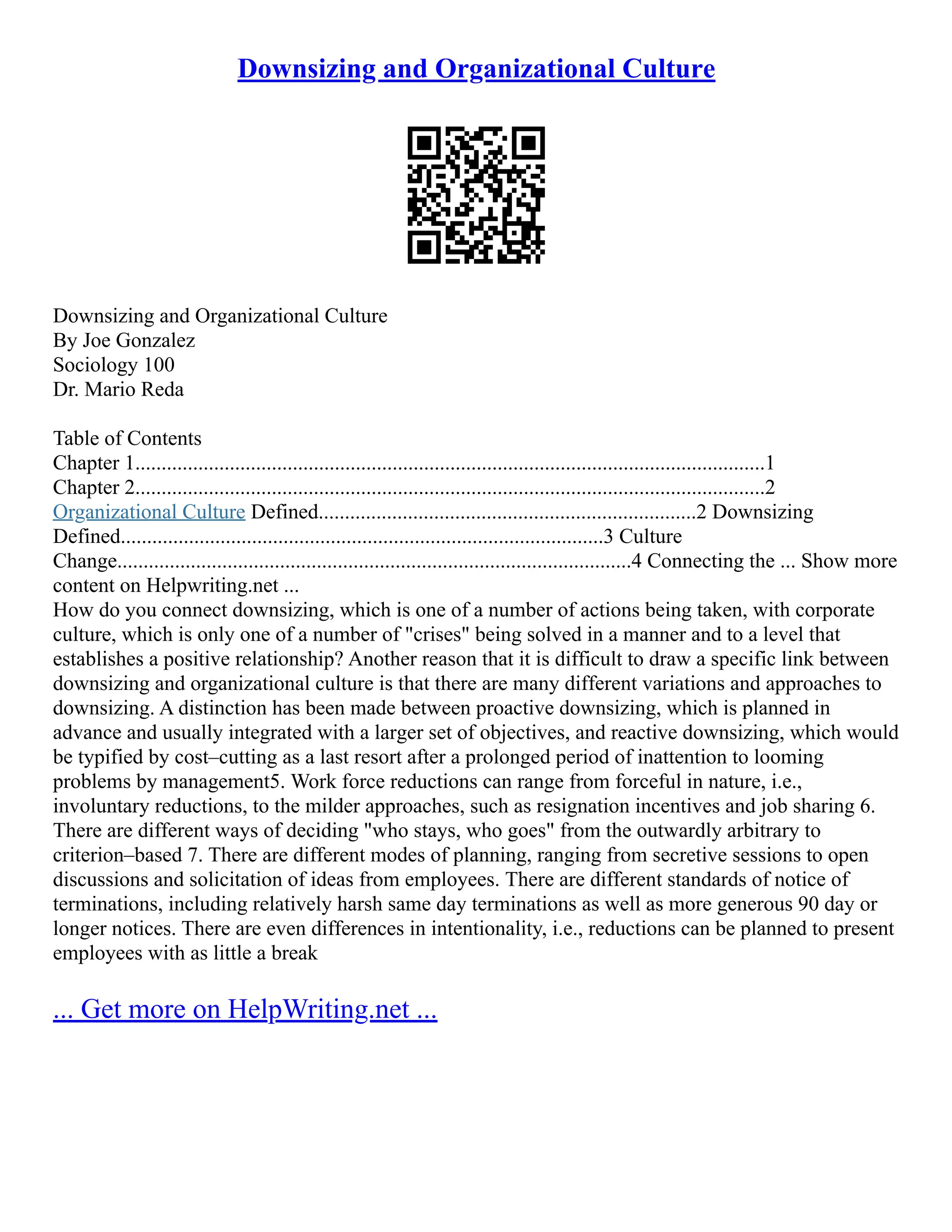 Downsizing And Organizational Culture | PDF