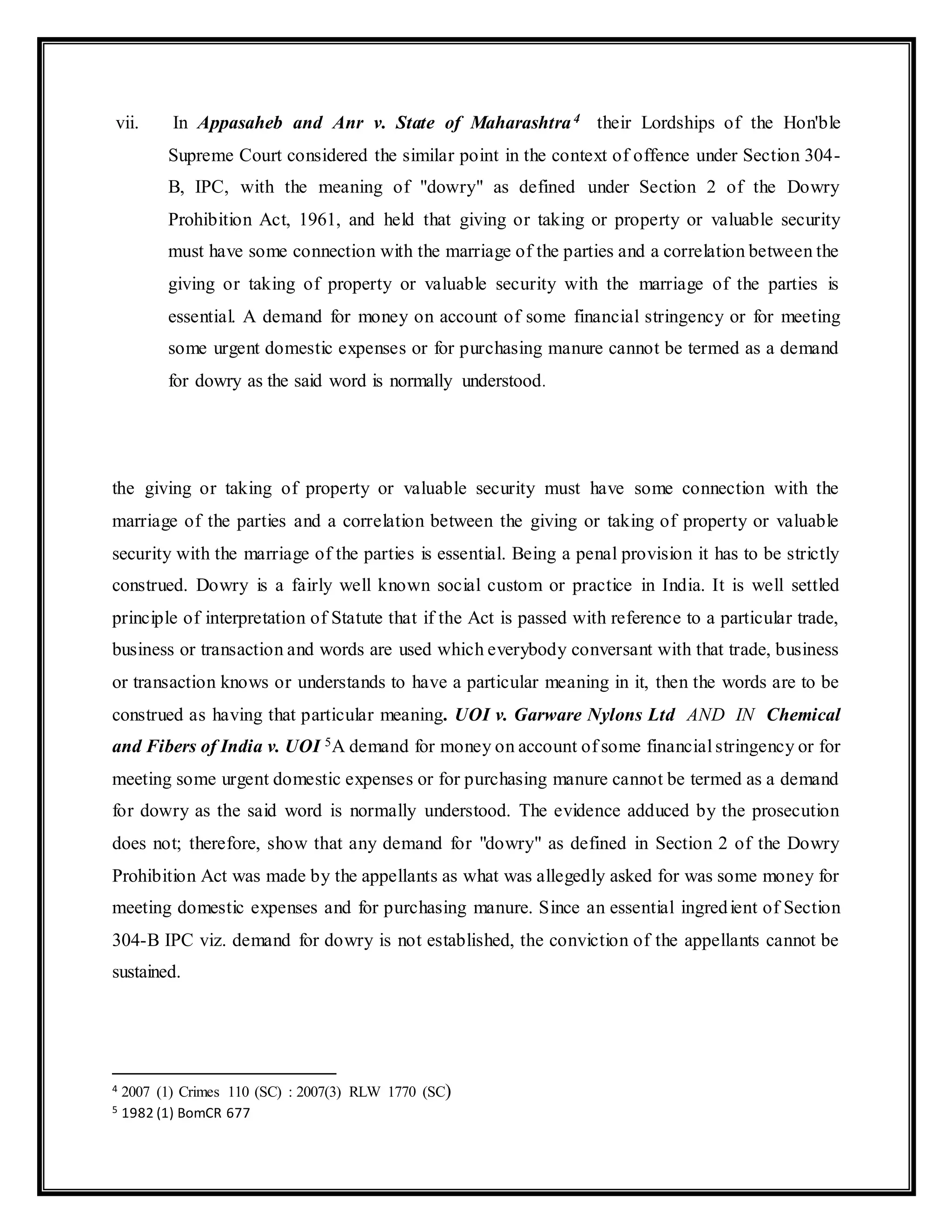 Dowry death case analysis HARSWAROOP AND OTHERS VS. STATE OF RAJASTHAN | DOCX