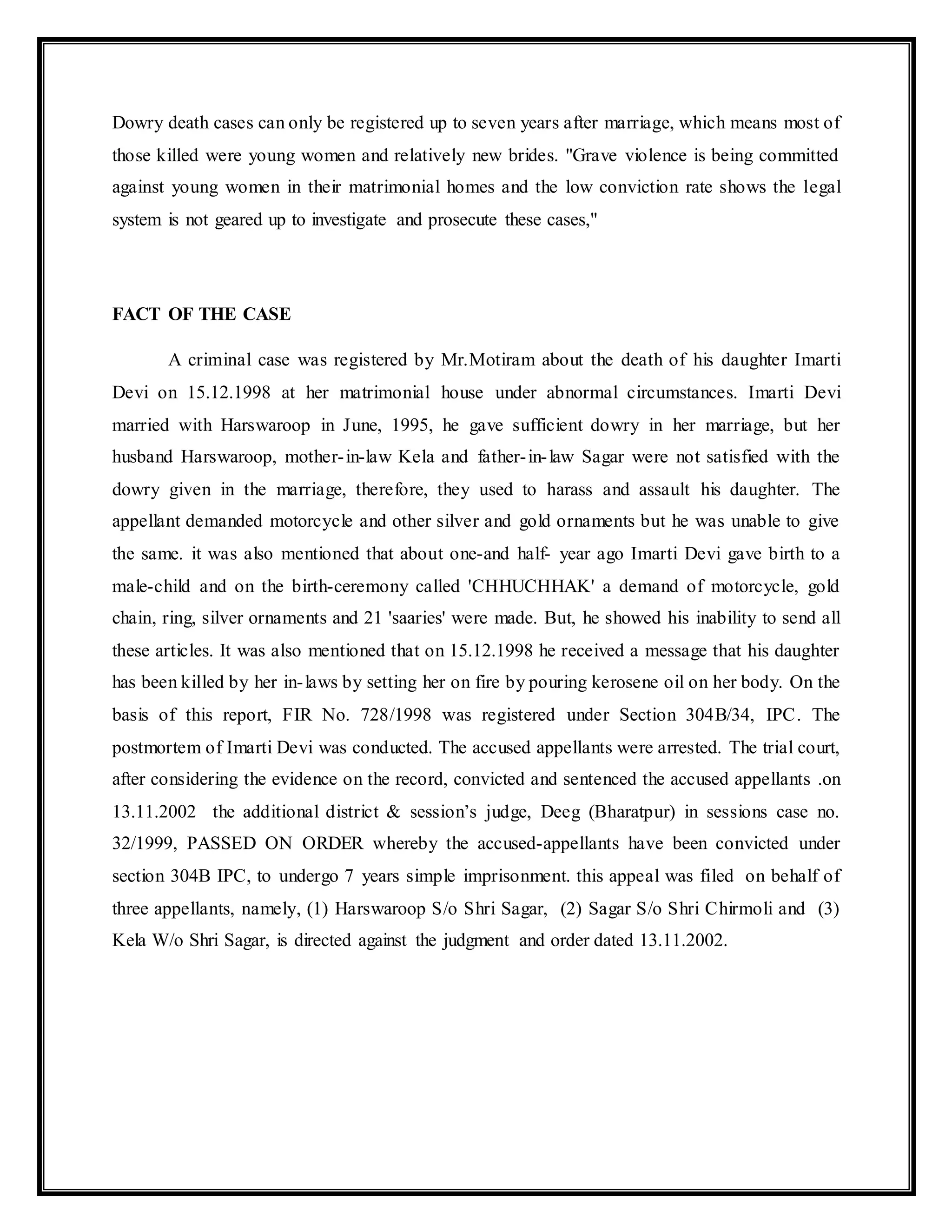 Dowry death case analysis HARSWAROOP AND OTHERS VS. STATE OF RAJASTHAN ...