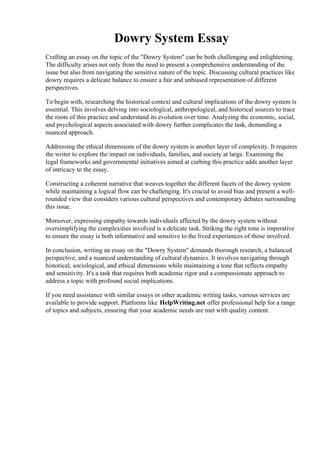 Dowry System Essay. Essay on Dowry System Causes amp; Impacts of Dowry ...