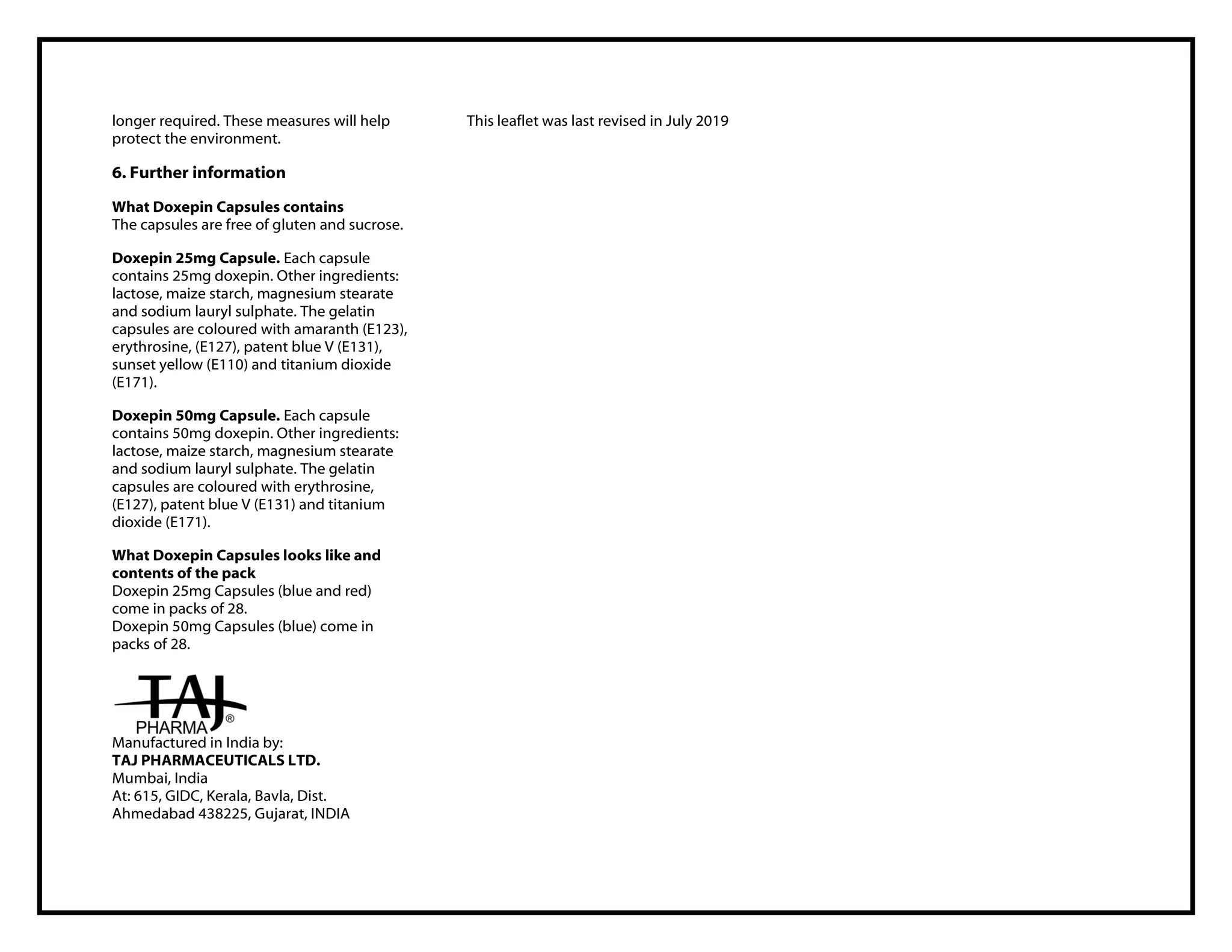 Doxepin 25mg, 50mg capsules pil, taj pharmaceuticals. | PDF