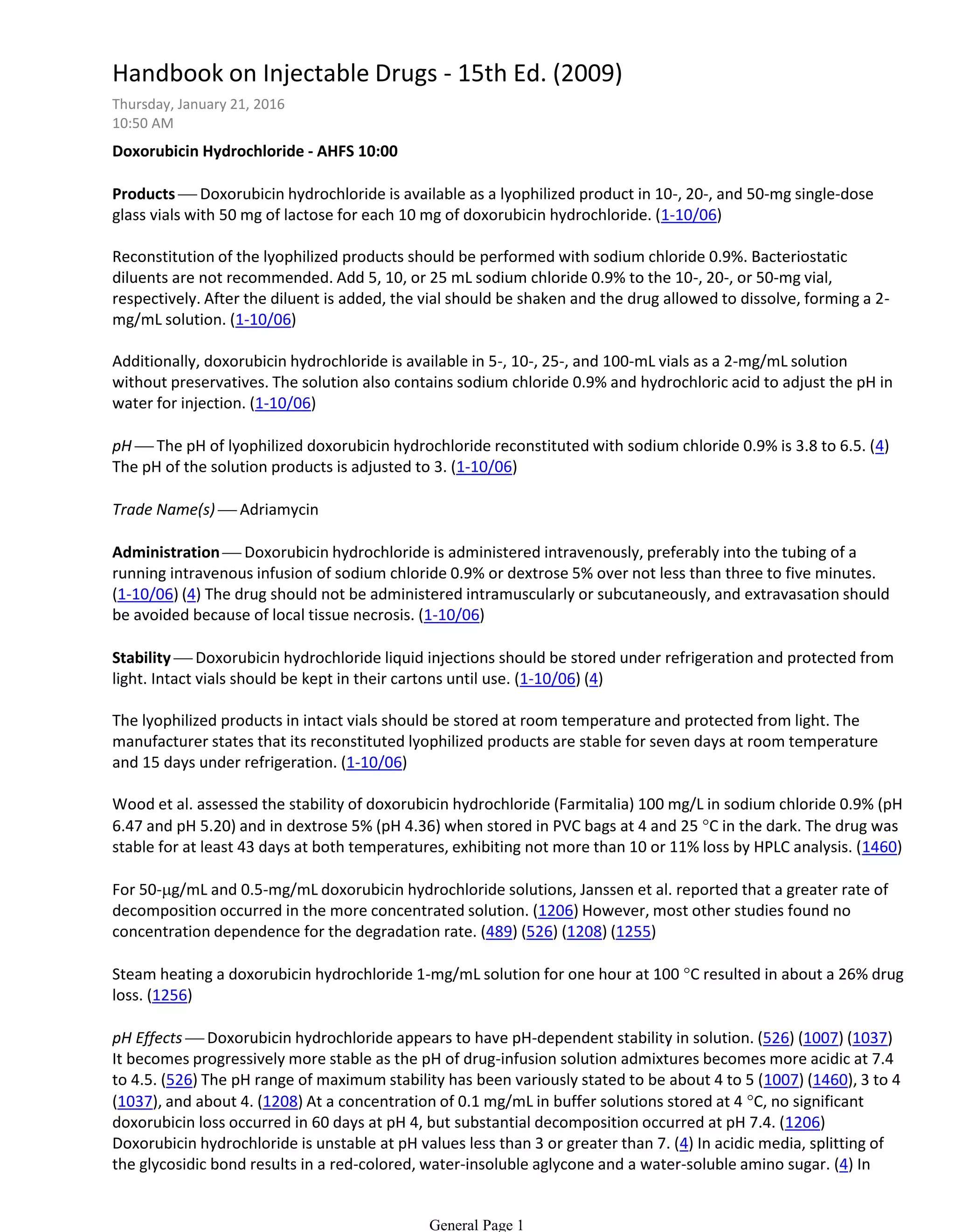 Injectable Drug : Compatibility Information of Doxorubicin HCl | PDF