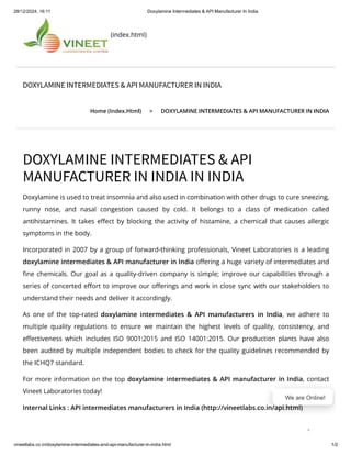 Doxylamine Intermediates & API manufacturer in India.pdf