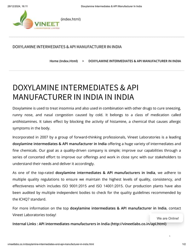 Doxylamine Intermediates & API manufacturer in India.pdf