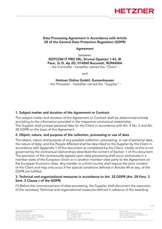 Data Processing Agreement - Hetzner | PDF
