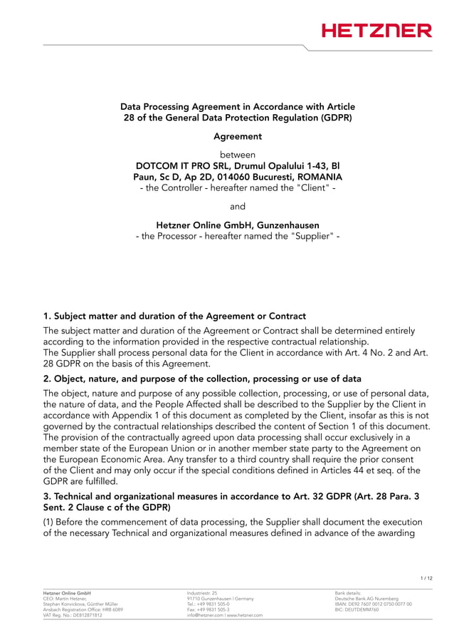 Data Processing Agreement - Hetzner | PDF