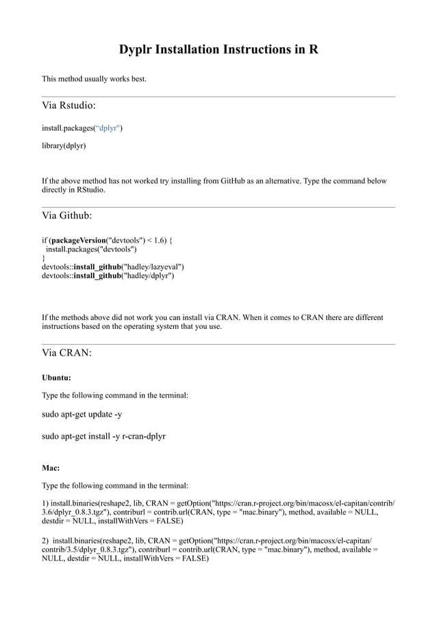 Dplyr Installation Instructions | PDF