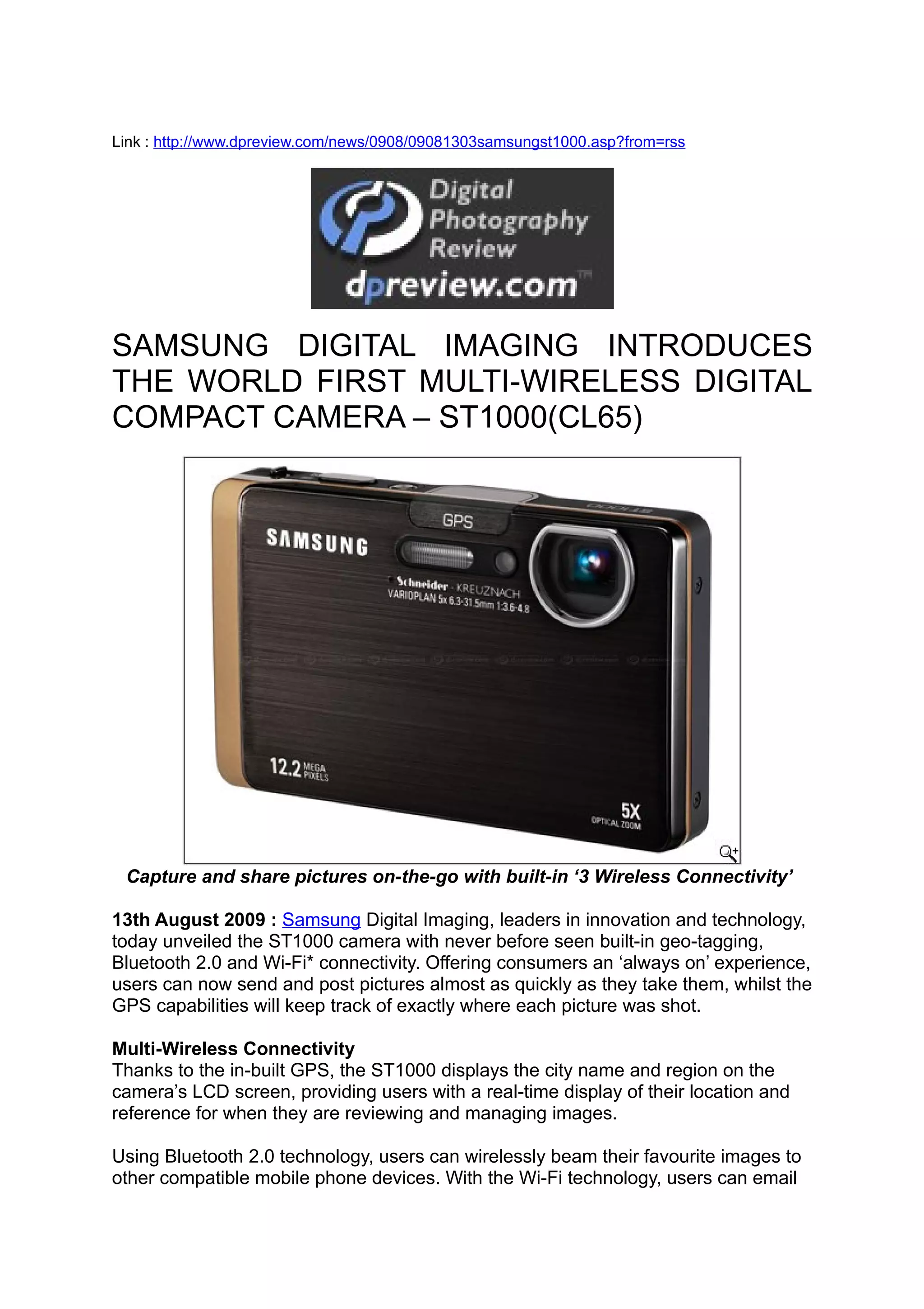 SAMSUNG DIGITAL IMAGING INTRODUCES THE WORLD FIRST MULTI-WIRELESS ...