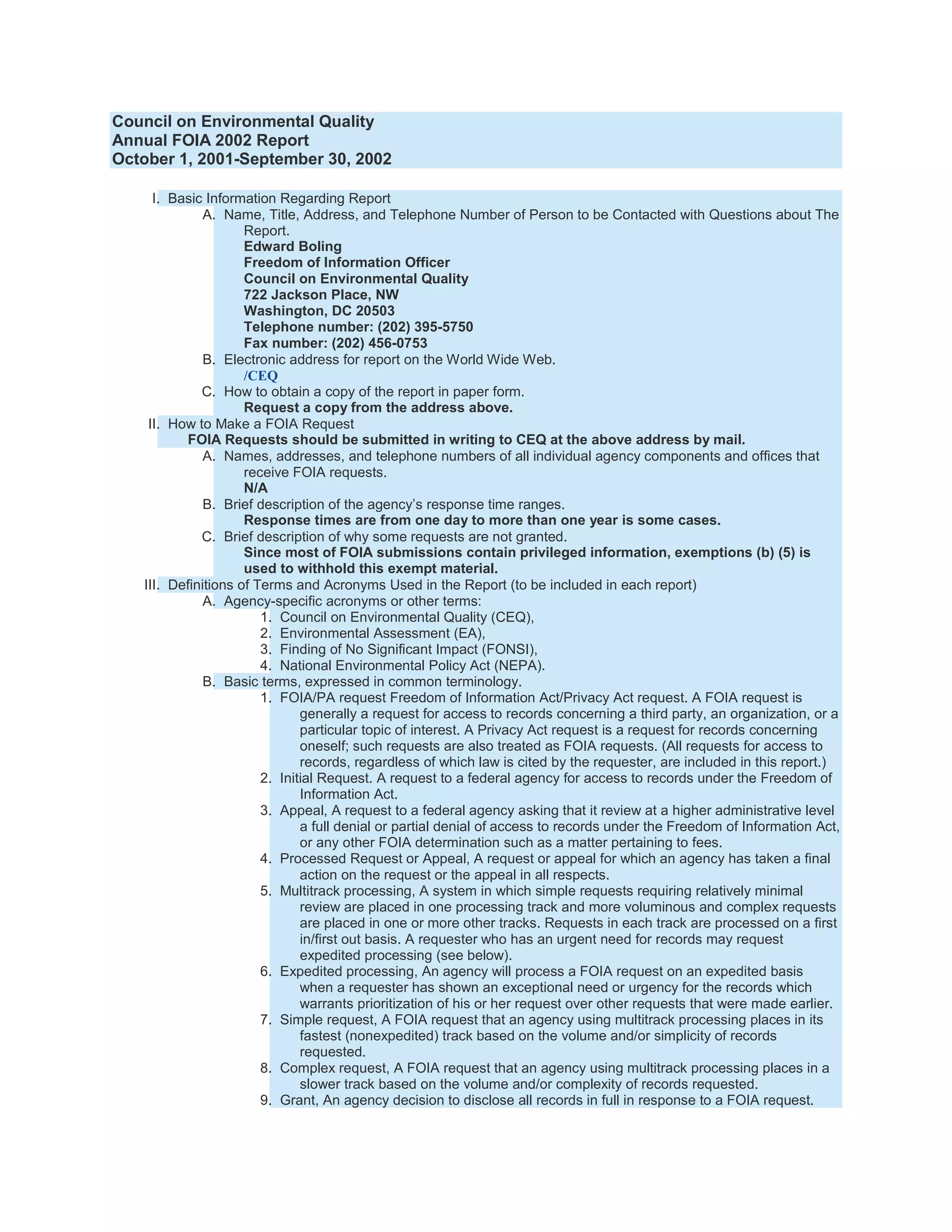 CEQ Annual FOIA 2002 Report | PDF
