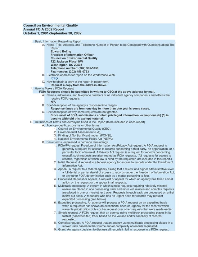 CEQ Annual FOIA 2002 Report | PDF