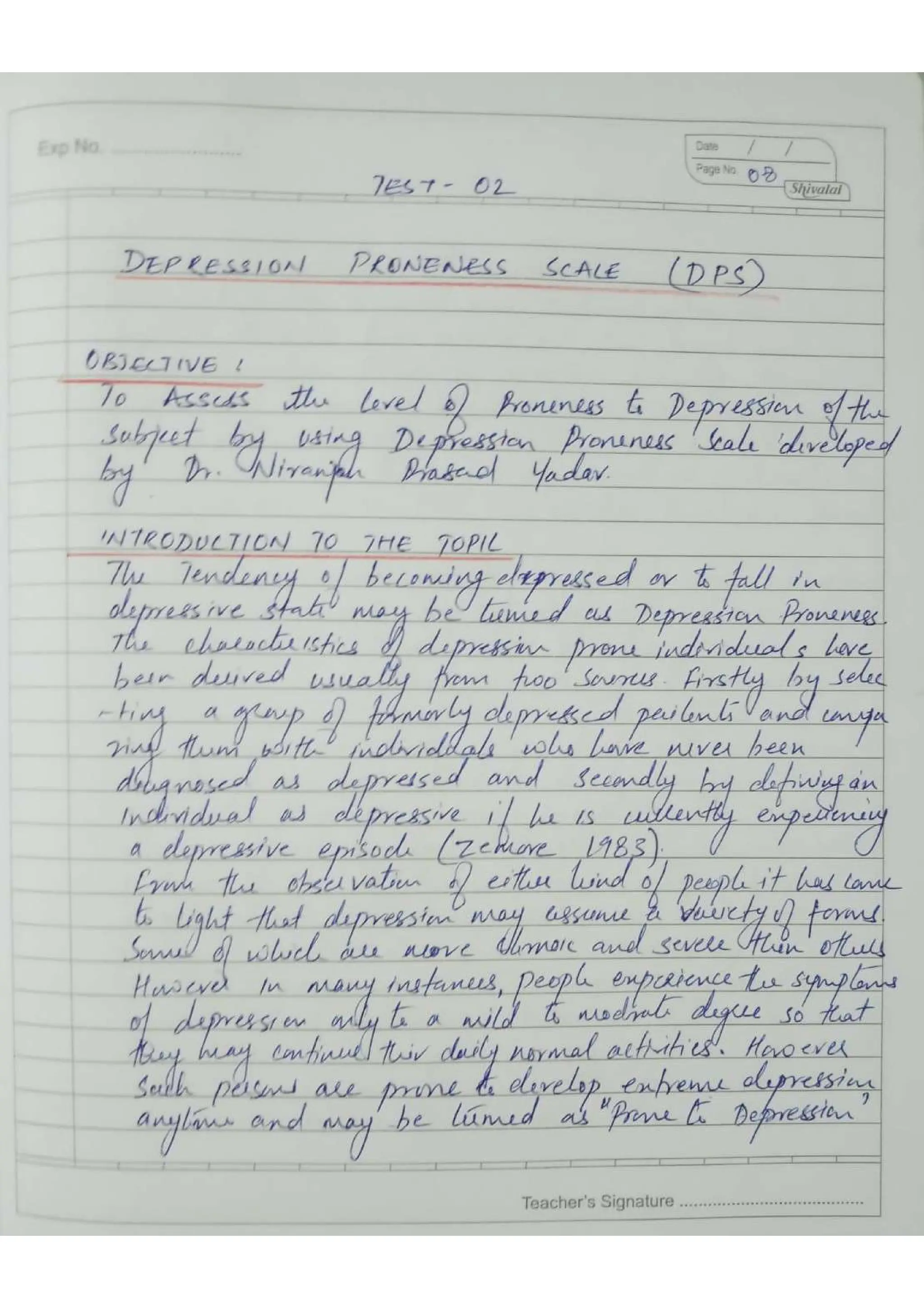 DPS - Depression Proneness Scale - Niranjan Prasad Yadav | PDF