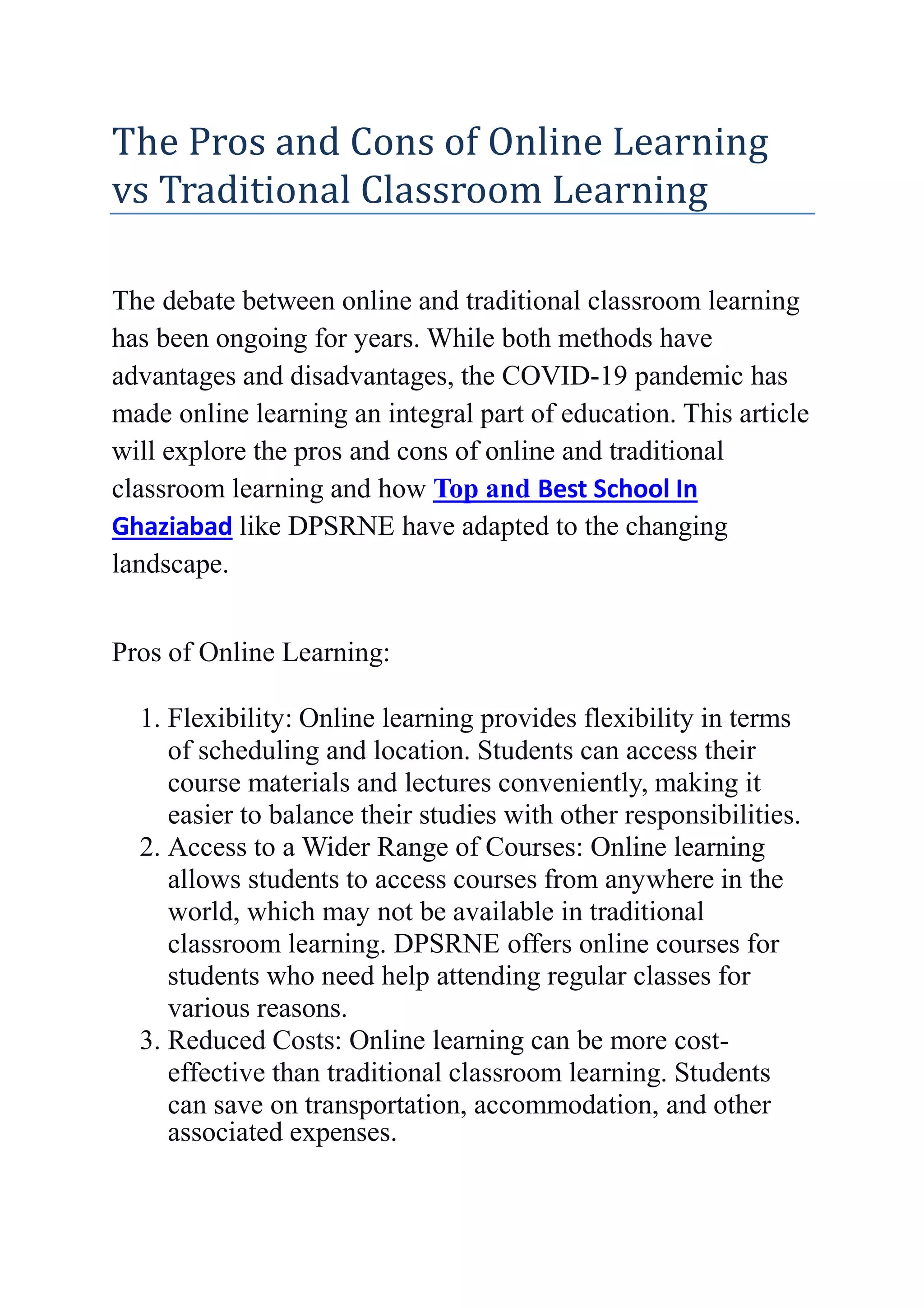 The Pros and Cons of Online Learning vs Traditional Classroom Learning | PPTX