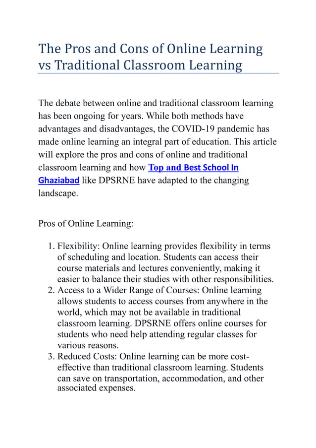 The Pros and Cons of Online Learning vs Traditional Classroom Learning | PPTX
