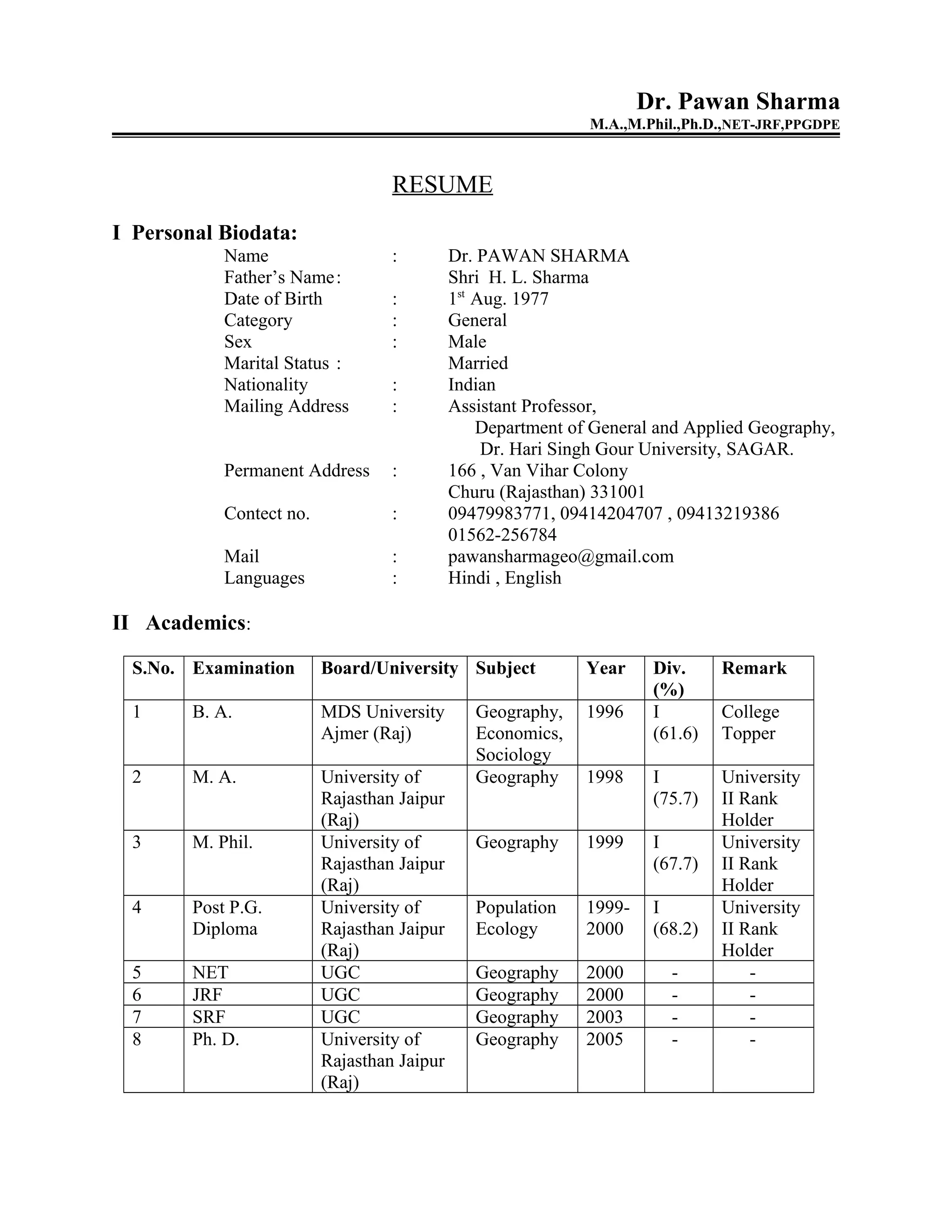 Dr. pawan sharma resume | DOC