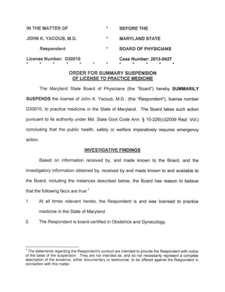 Dr. John Yacoub- License Suspension | PDF