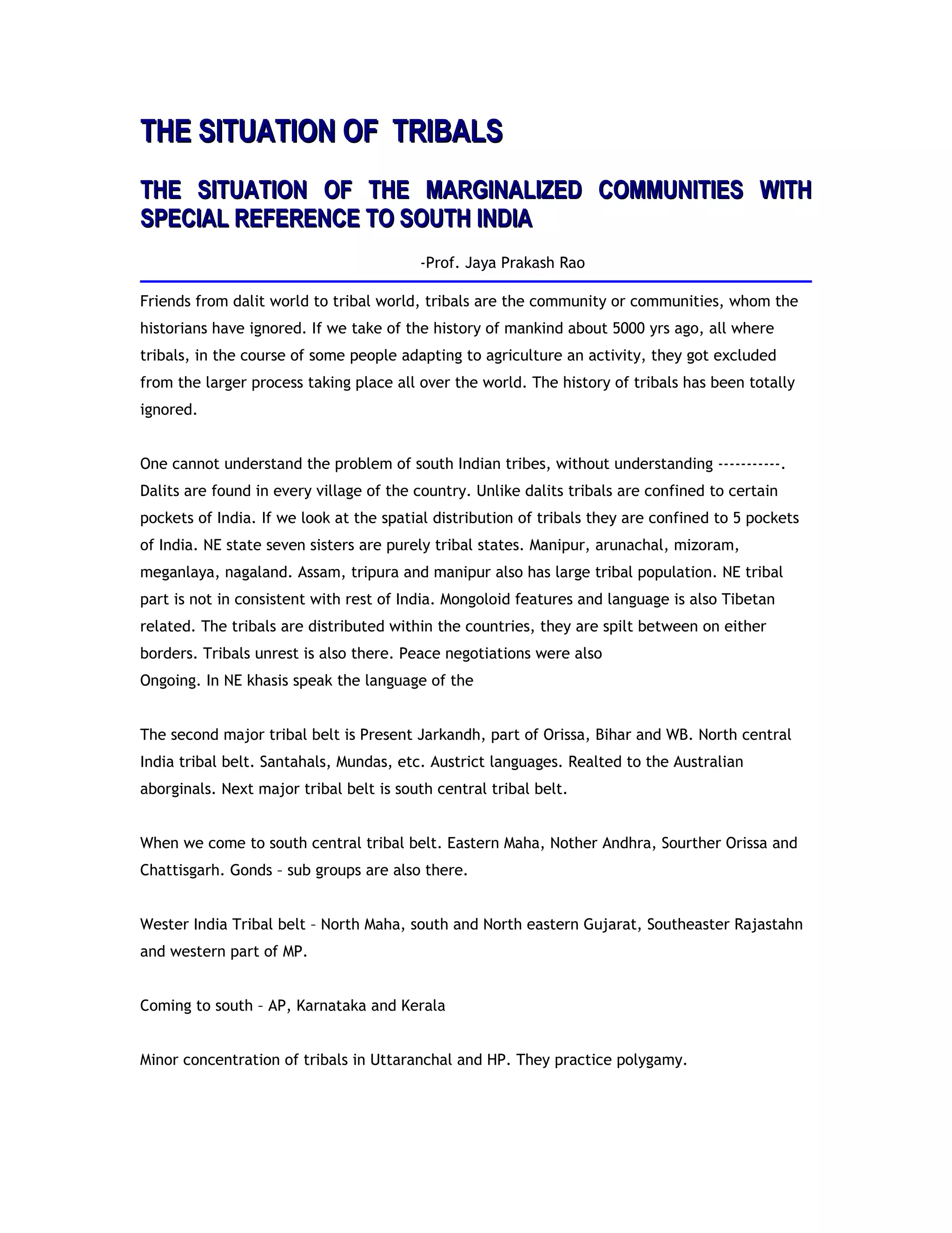 Dr jayaprakash lecture on tribals | DOC