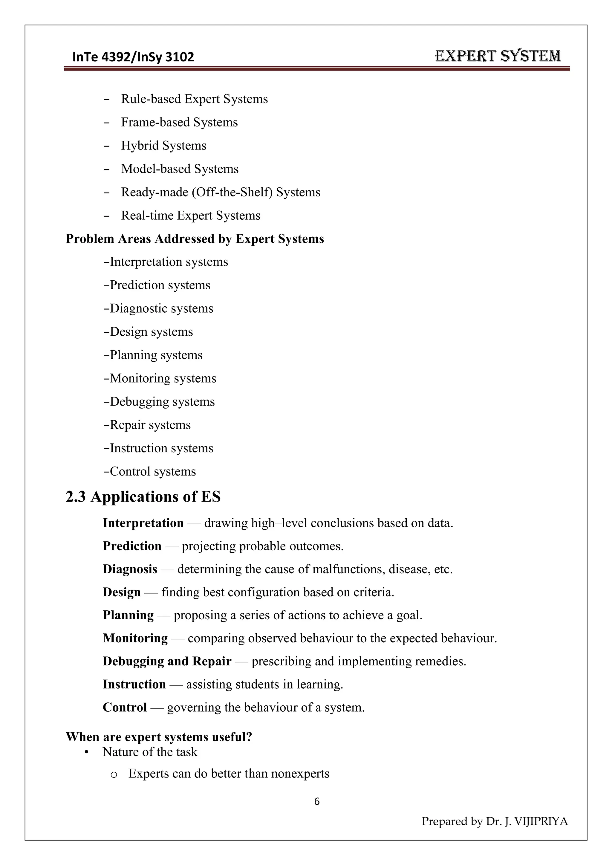 Expert System Lecture Notes Chapter 1,2,3,4,5 - Dr.J.VijiPriya | PDF
