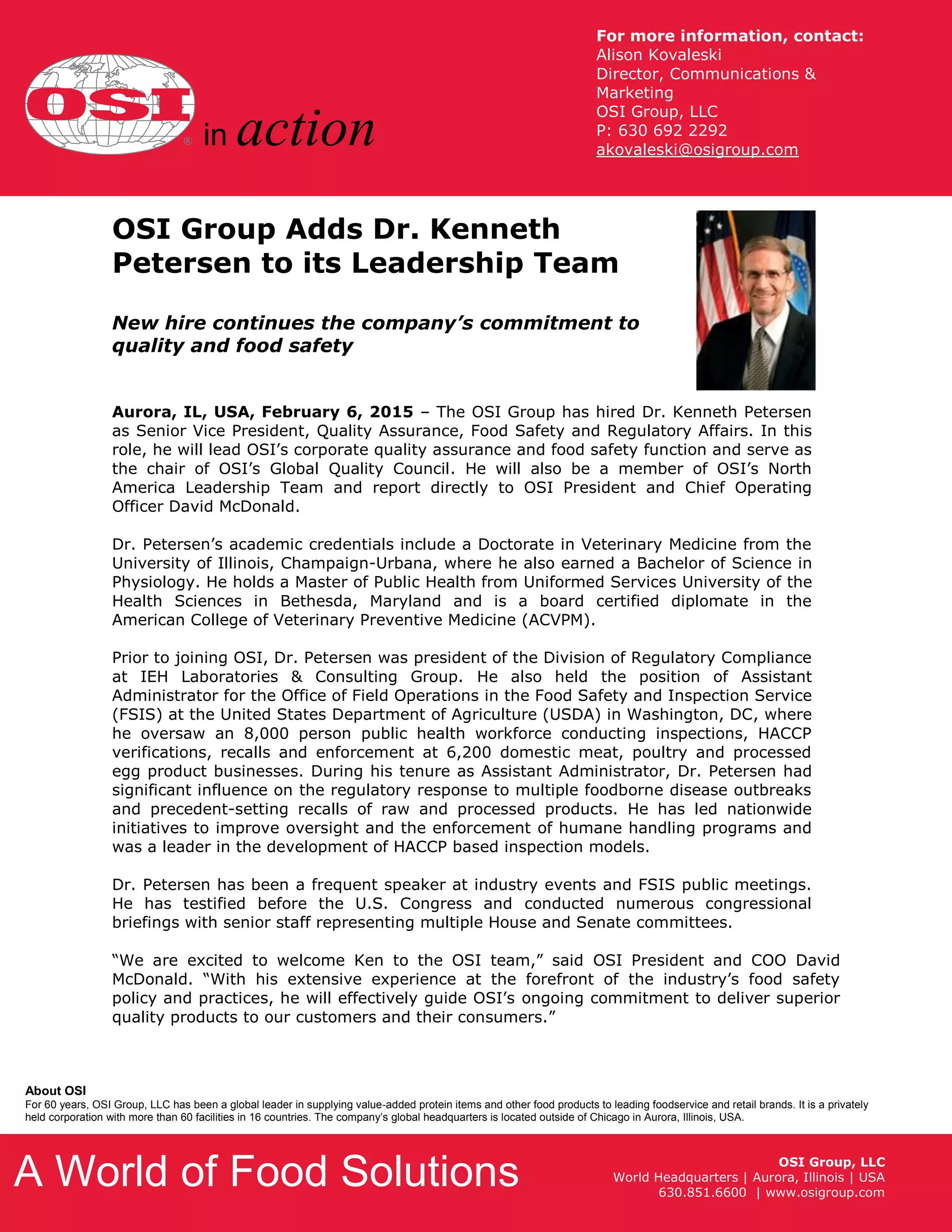 OSI Group Adds Dr. Kenneth Petersen to its Leadership Team | PDF