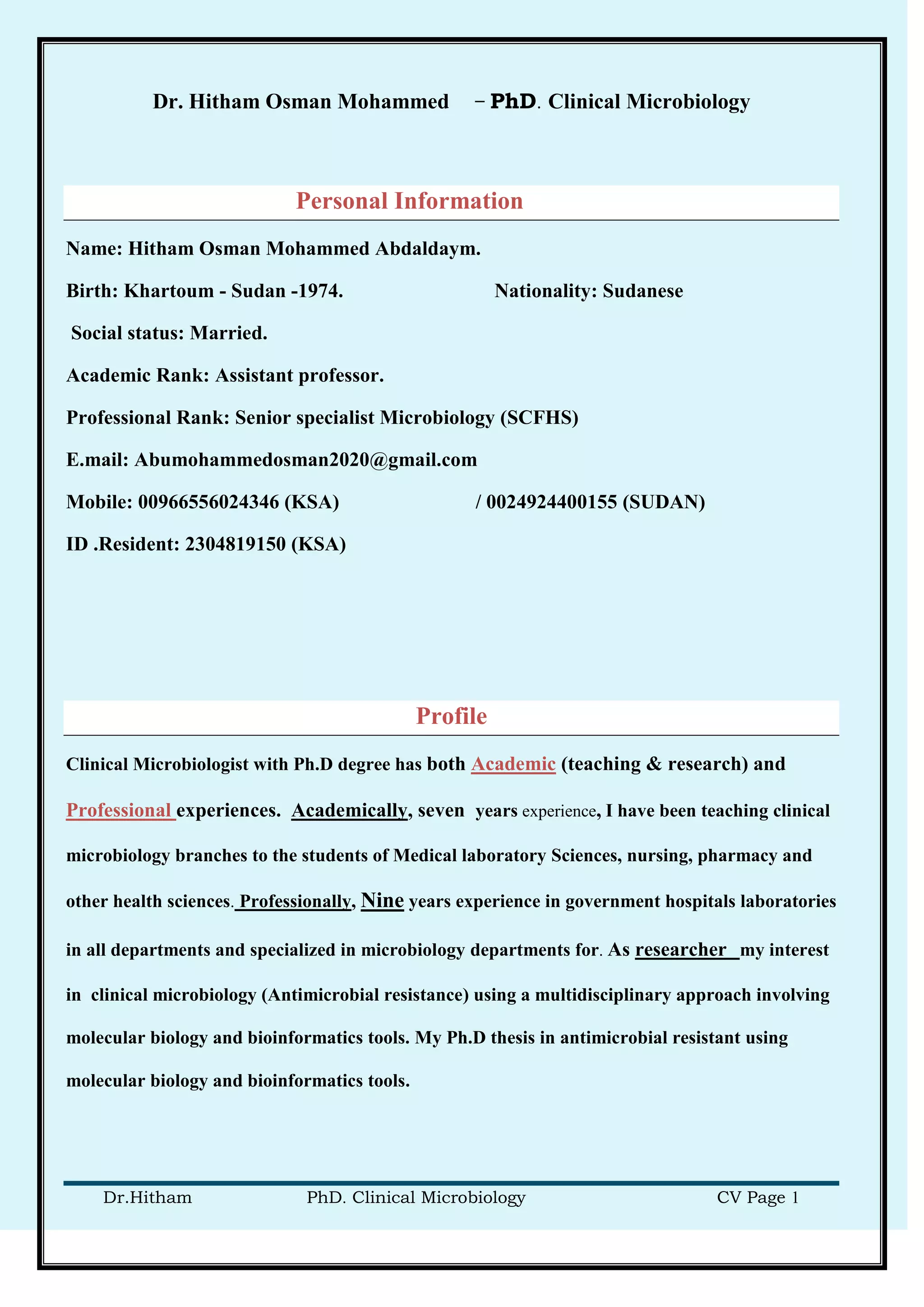 Dr. hitham Osman Mohammed .cv | Postgraduate Education | College Education