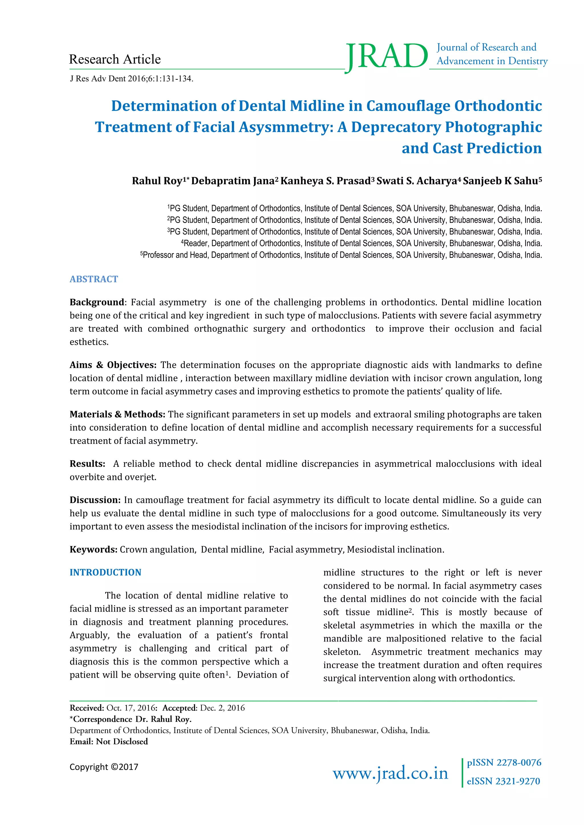 Determination Of Dental Midline in Camouflage Orthodontic Treatment Of ...