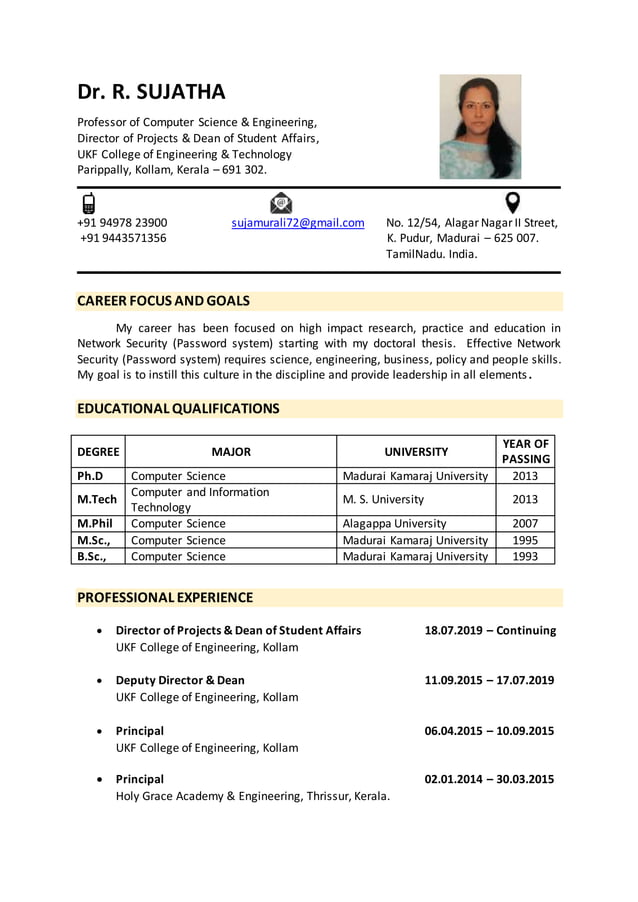 Dr. SUJATHA RAMAKRISHNAN CURRICULUM VITAE | DOCX | Professional School | Postgraduate Education