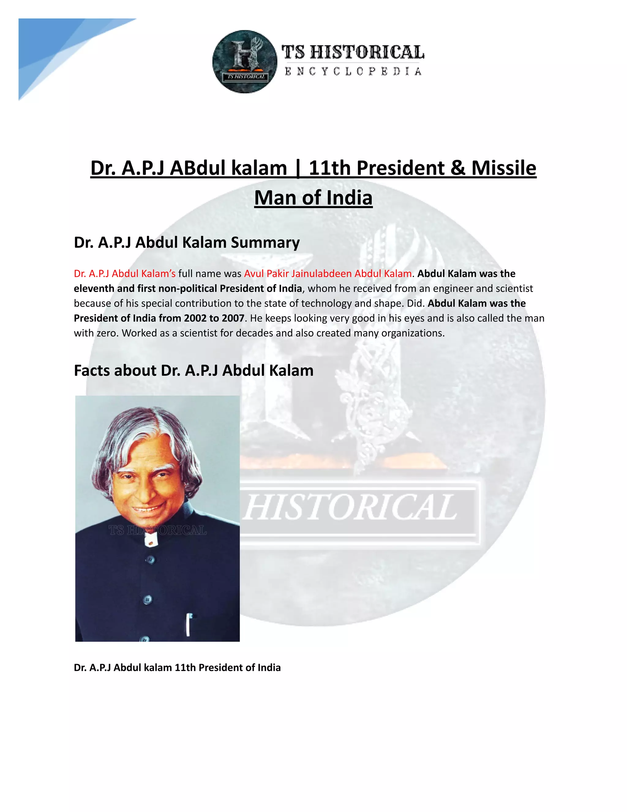 Dr. A.P.J ABdul kalam _ 11th President & Missile Man of India - TS ...