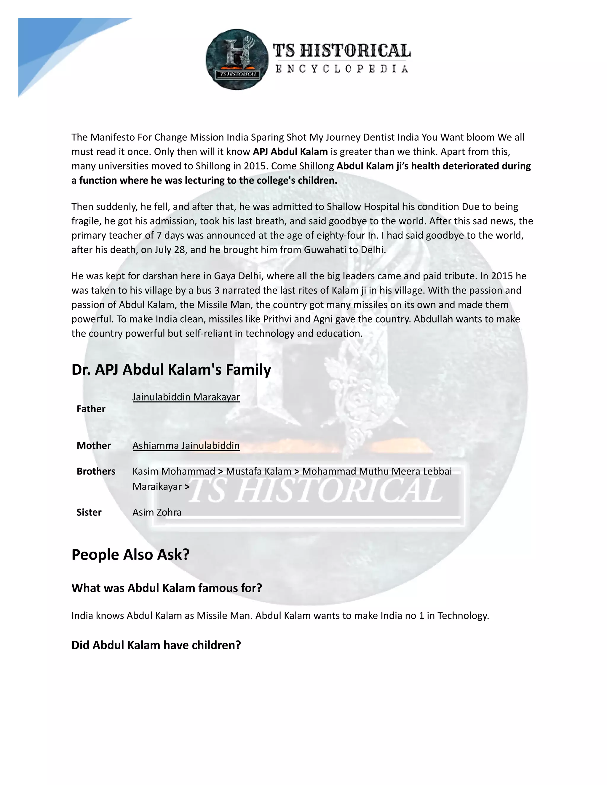 Dr. A.P.J ABdul kalam _ 11th President & Missile Man of India - TS Historical.pdf