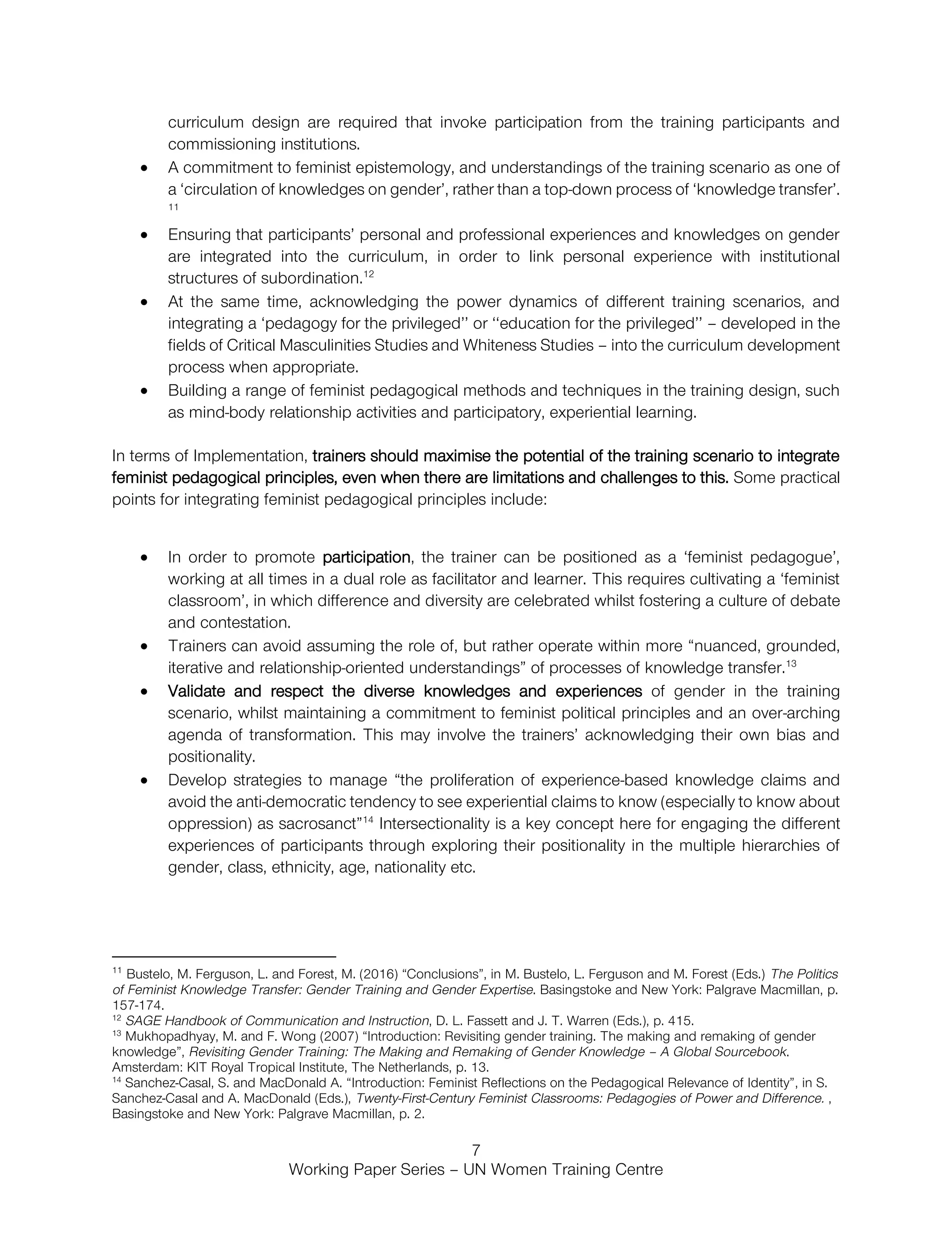 Feminist Pedagogies In Training For Gender Equality - Prepared by Dr. Lucy Ferguson for UN Women ...