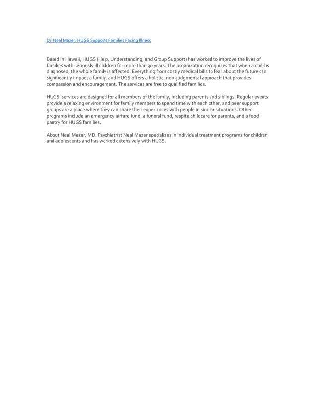 Dr. neal mazer hugs supports families facing illness | DOCX