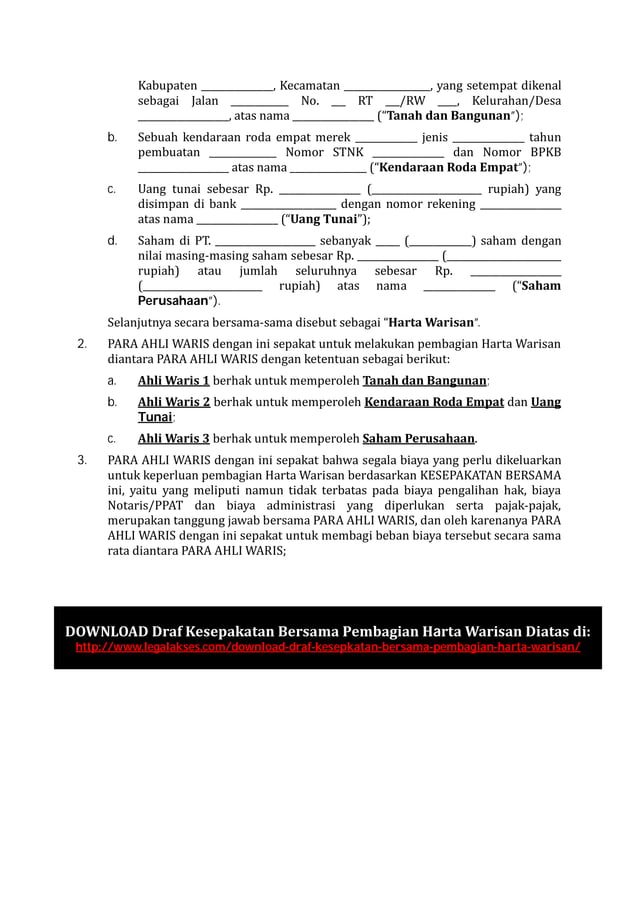 Draf kesepakatan bersama pembagian harta warisan | PDF