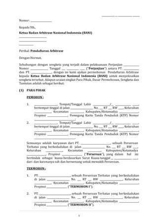 Draf permohonan pendaftaran arbitrase | DOC