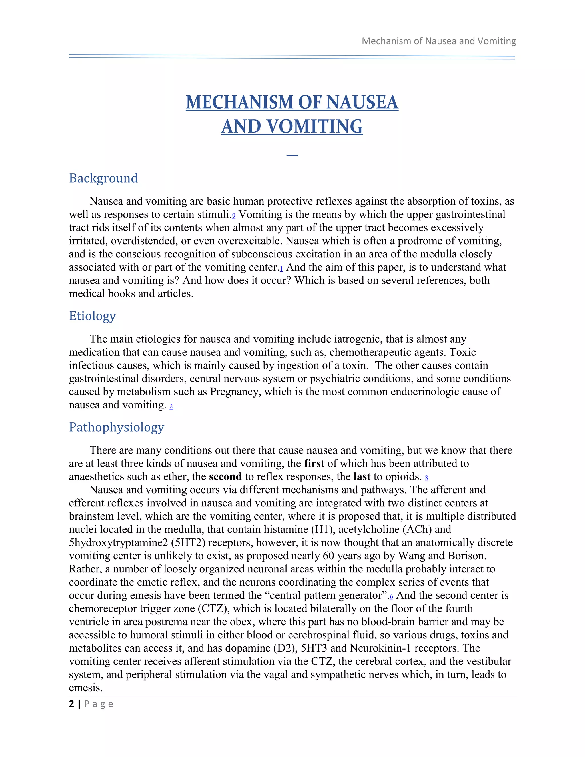 Mechanism of Nausea and Vomiting | PDF